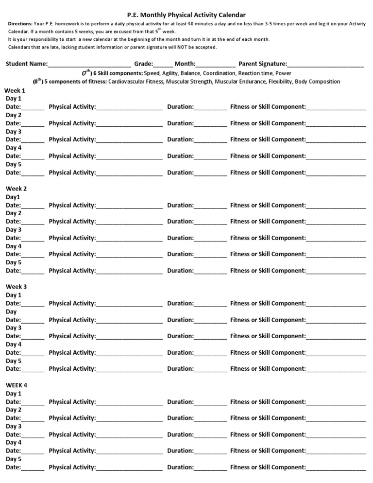 Physical Activity Calendar | PDF
