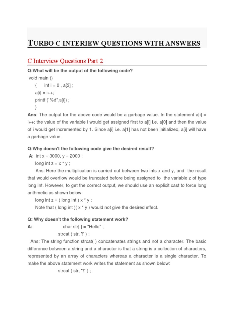 Turbo C Interiew Questions With Answers.. | PDF | C (Programming Language) | Pointer (Computer ...
