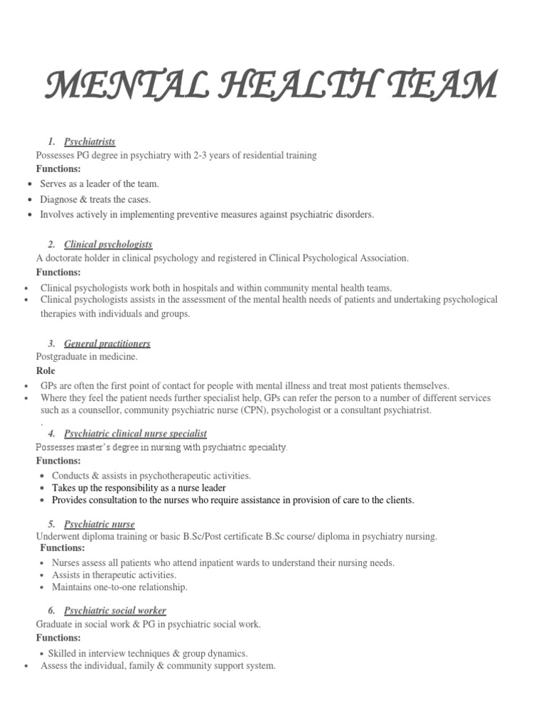 Mental Health Team | PDF | Psychiatry | Psychologist