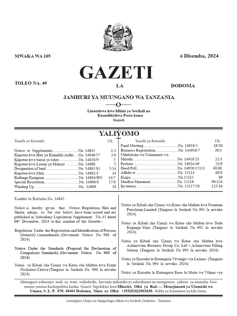 Sw-1733985395-Gazeti La Tarehe 6 Desemba, 2024 | PDF