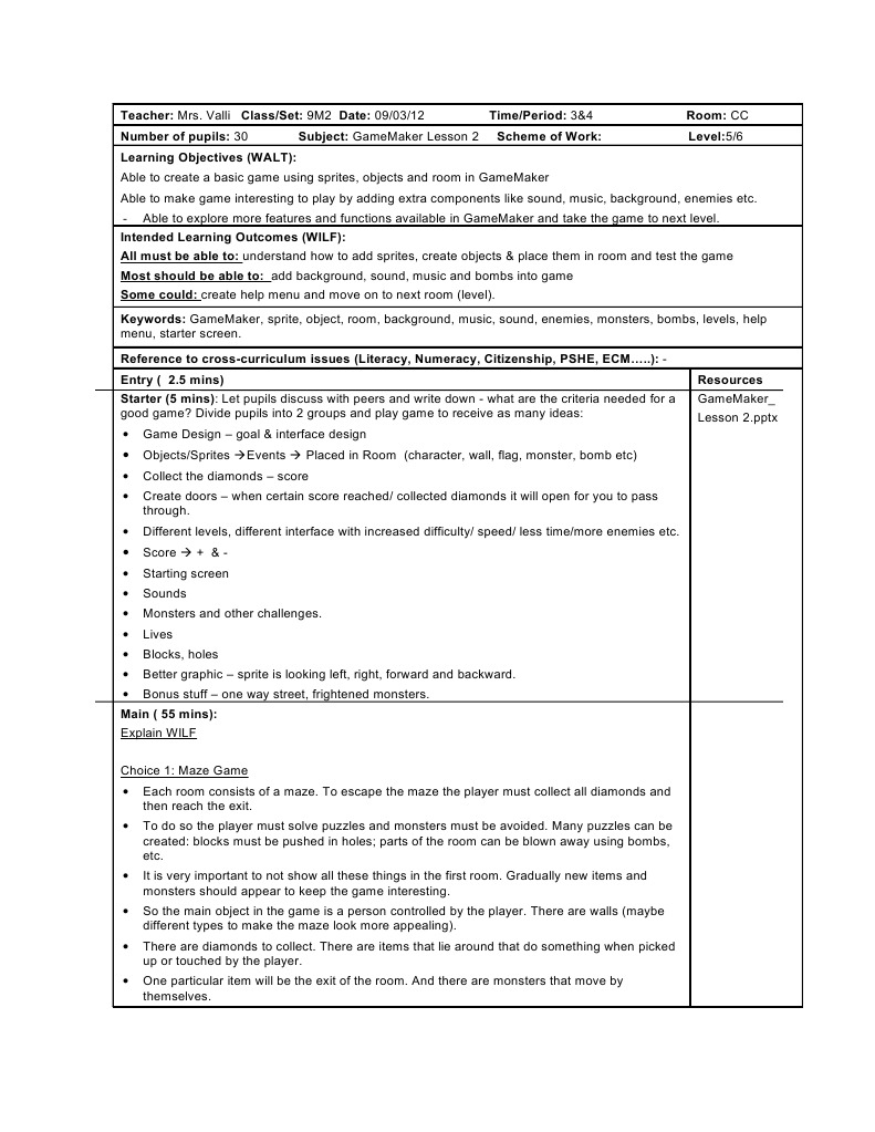 lesson plan gamemaker 2 | Maze | Leisure