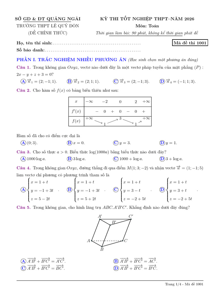 De Thi Thu Tn Thpt 2026 Mon Toan Truong Thpt Le Quy Don Quang Ngai | PDF