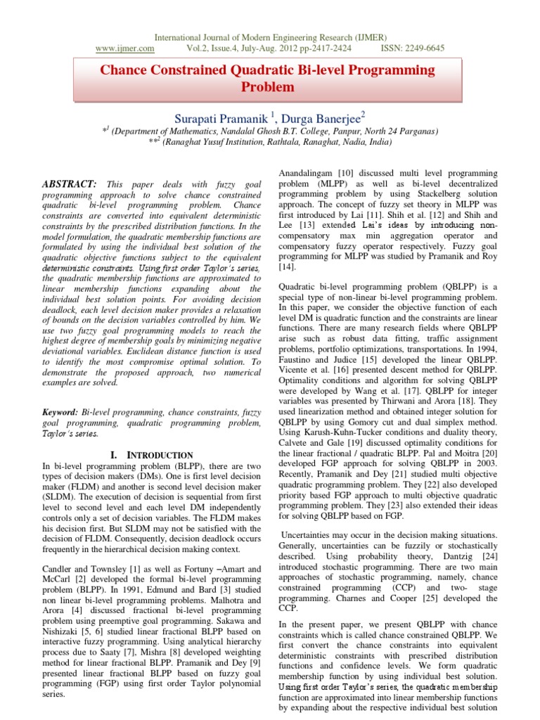 Chance Constrained Quadratic Bi-Level Programming Problem: Surapati Pramanik, Durga Banerjee ...