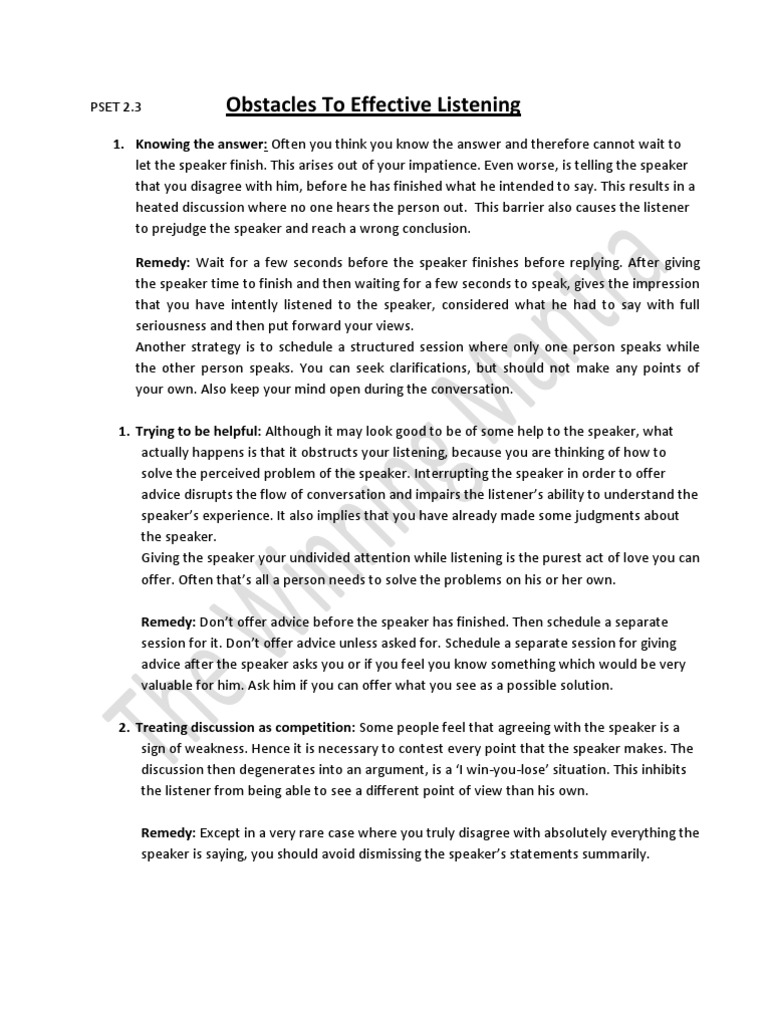 PSET2 3BarriersToEffectiveListening | PDF | Conversation | Advice (Opinion)