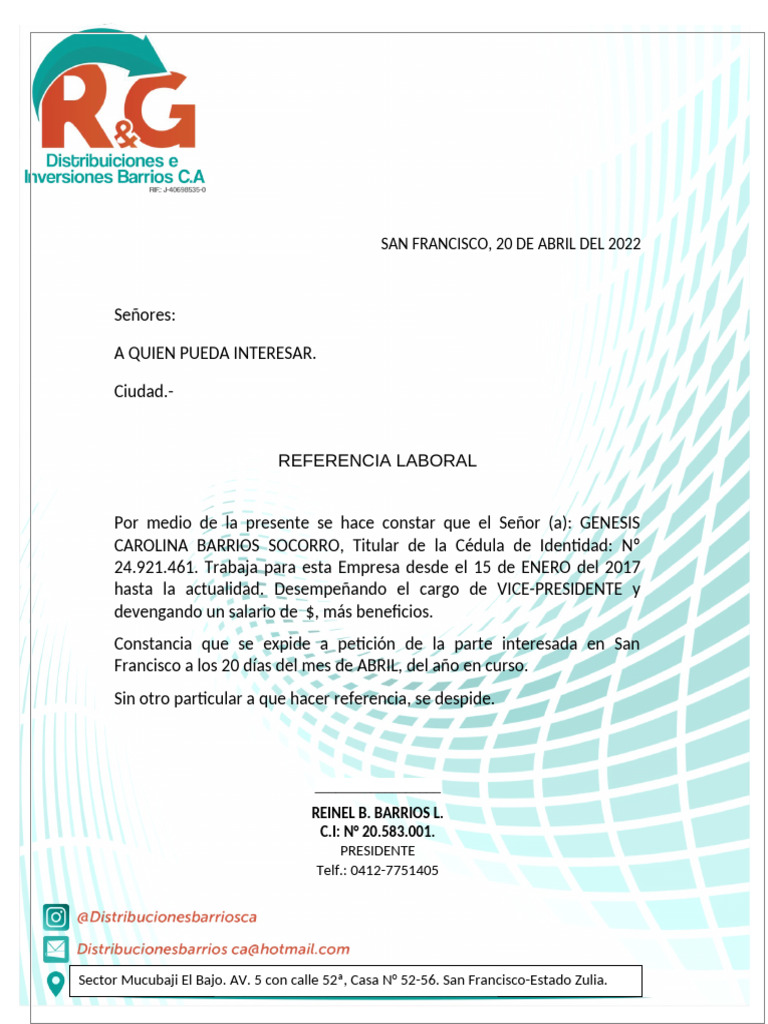 Carta de Trabajo Genesis Barrios | PDF