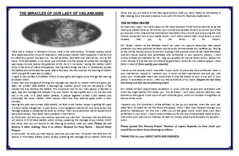 Velankanni Novena Prayer and Miracles | PDF | Mary, Mother Of Jesus ...