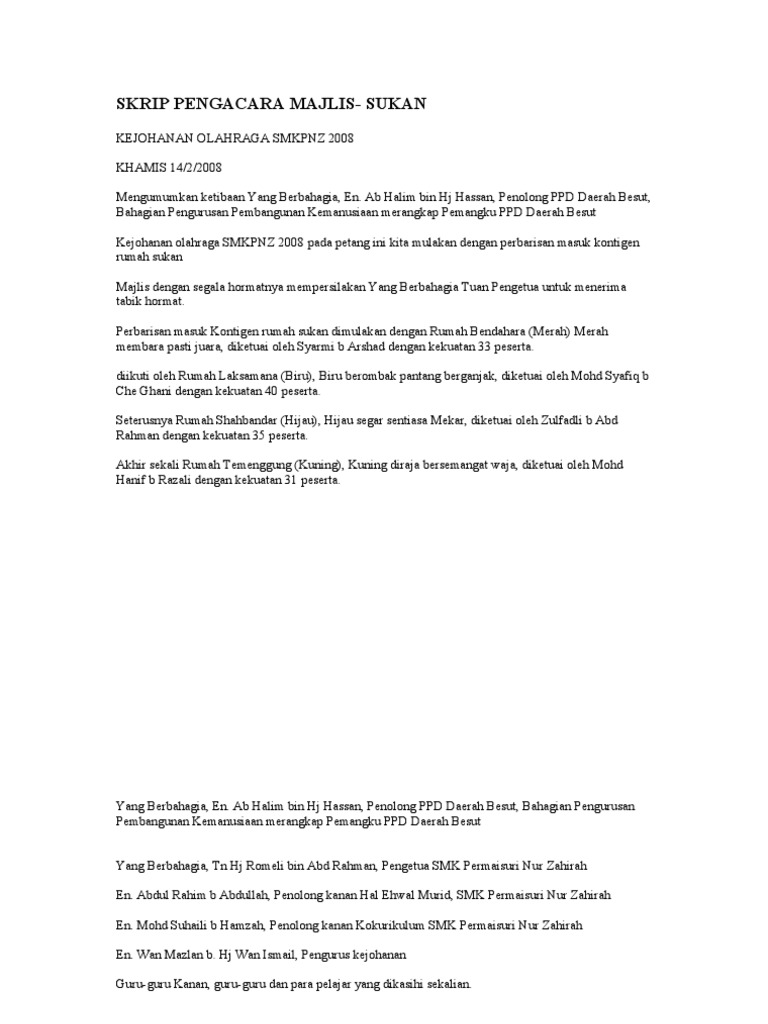 Teks Ucapan Pengacara Majlis Sukan | PDF
