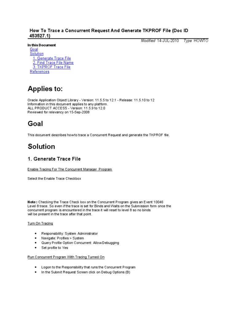 How To Trace A Concurrent Request And Generate Tkprof File Pdf Sql Data Management