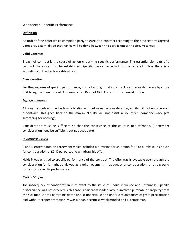 Specific Performance Notes | Specific Performance | Consideration