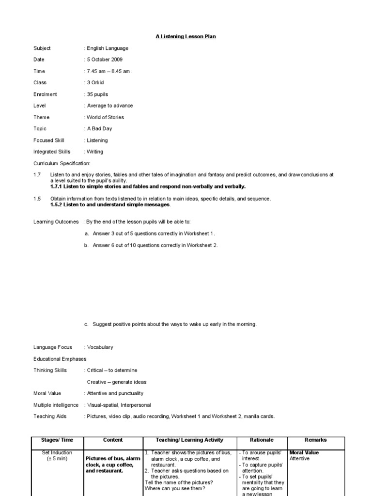 Listening Lesson Plan | Download Free PDF | Lesson Plan | Applied ...