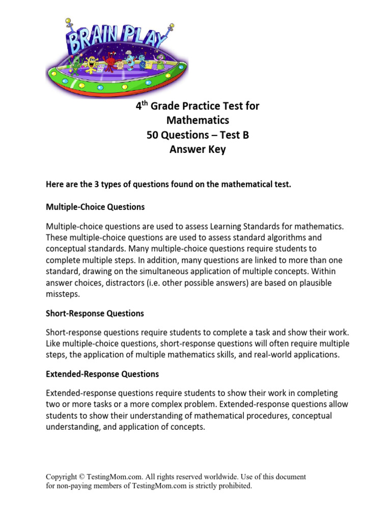 4th Grade Practice Test For Mathematics 50 Questions Test B - Answer ...