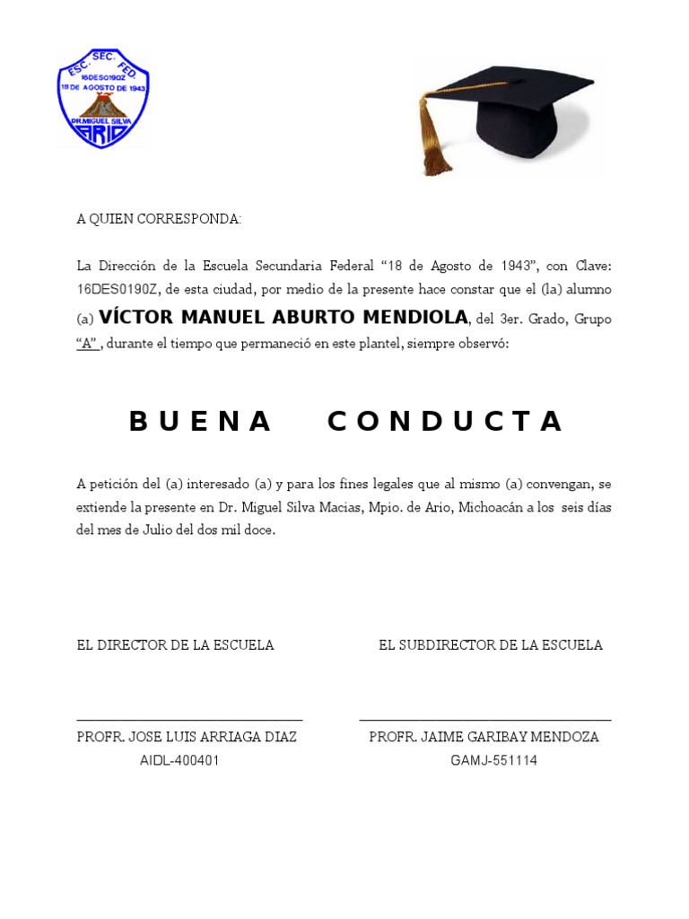 Constancia de Buena Conducta | Tradiciones | Academia | Prueba gratuita ...