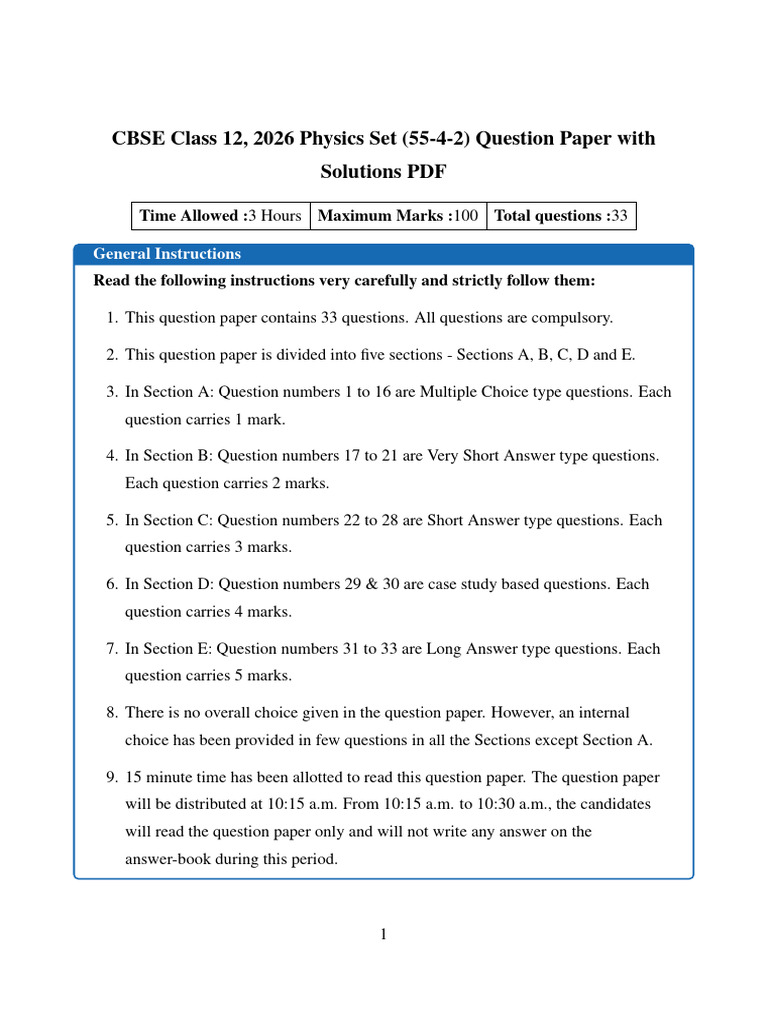 CBSE Class 12 Physics 2026 Set 55-4-2 Question Paper With Solutions ...