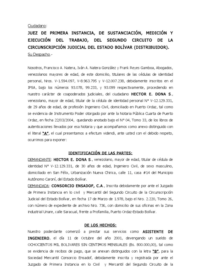 Demanda Lab. Hector Dona - Com 2 | PDF | Derecho laboral | Salario