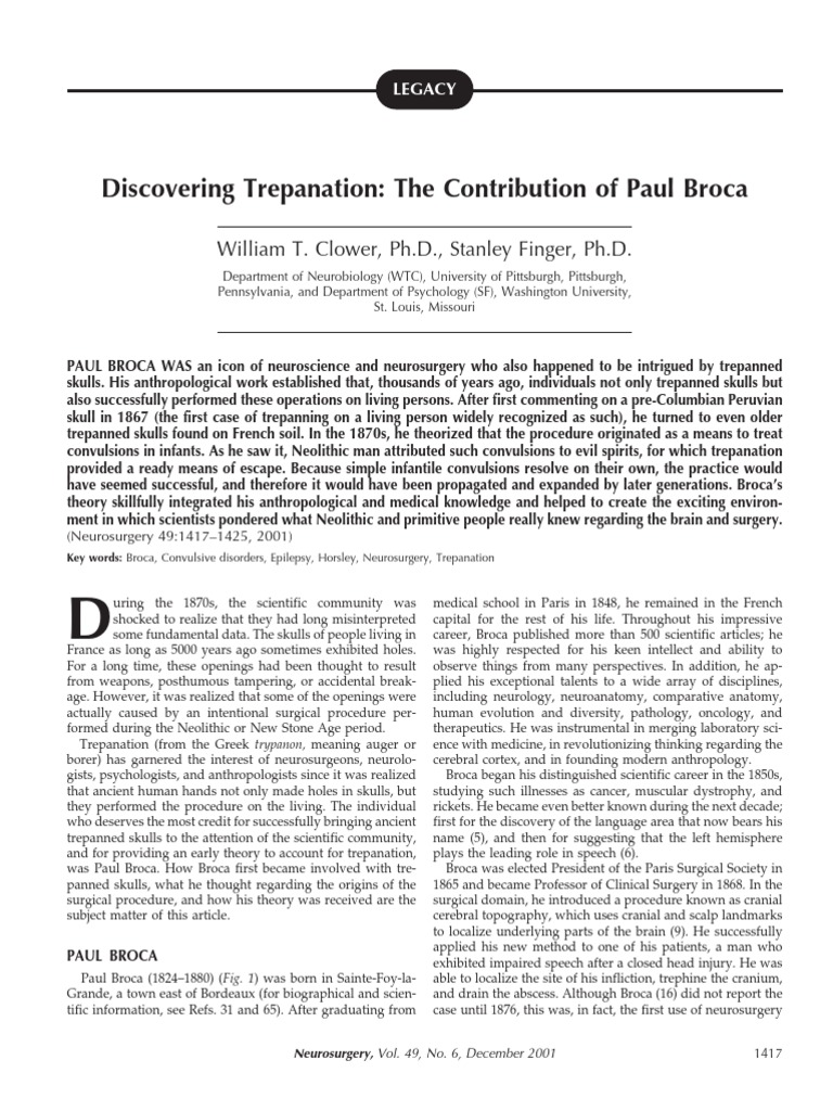 Clower and Finger Discovering Trepanation The Contributio of Paul Broca | PDF | Skull | Epilepsy