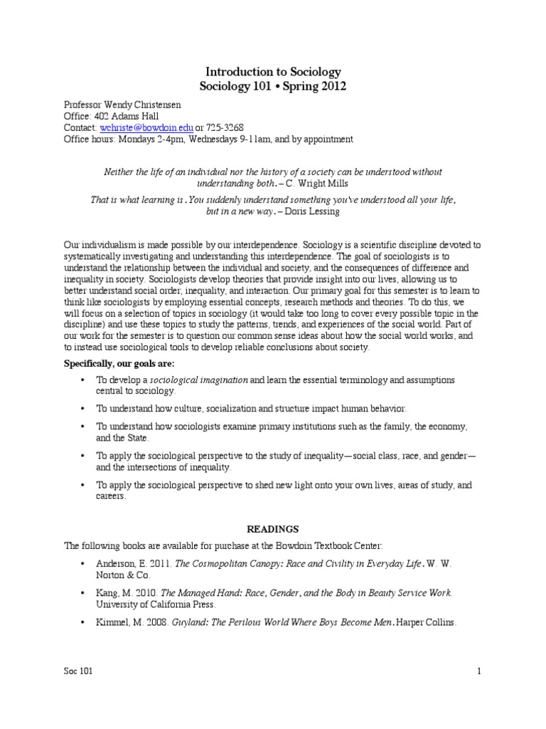 Introduction To Sociology Syllabus | PDF | Sociology | Academia