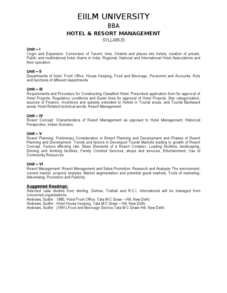 Hotel & Resort Management Syllabus | PDF