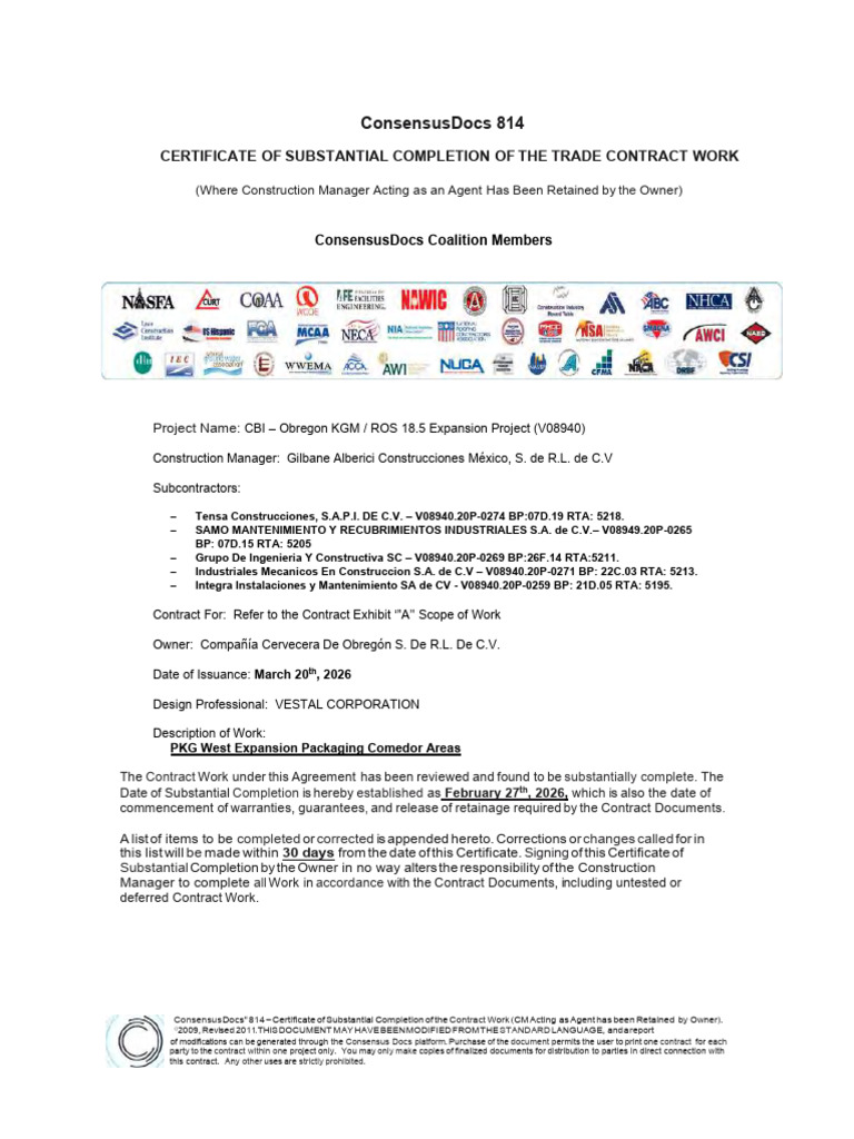 Various Contract_Packaging West Expansion Comedor GACM_E10 Cert of ...