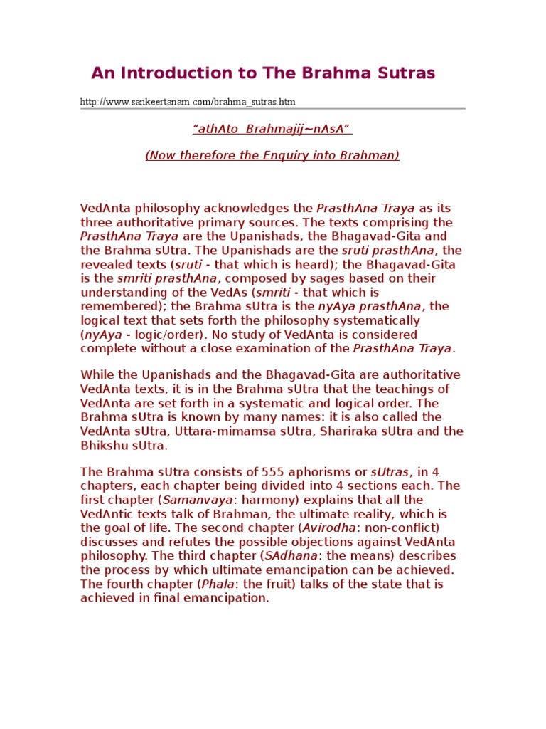 An Introduction To The Brahma Sutras | PDF | Vedanta | Brahman