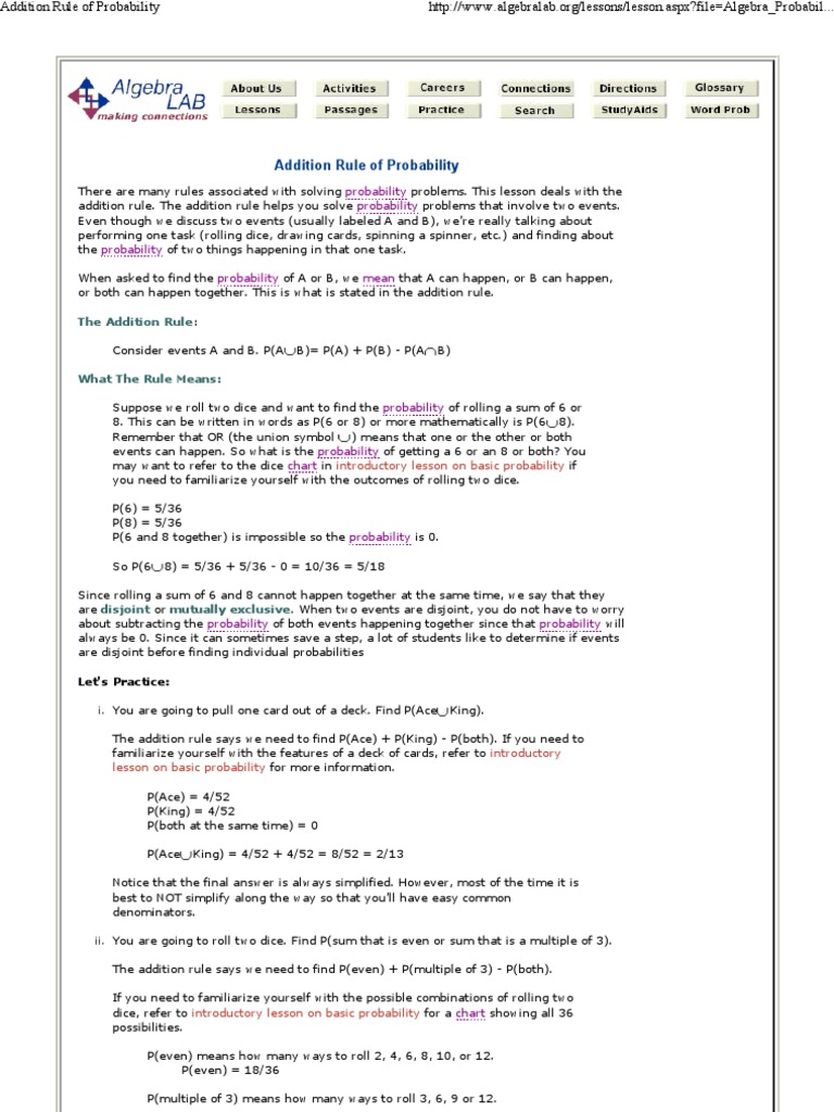 Addition Rule of Probability | PDF | Probability | Dice