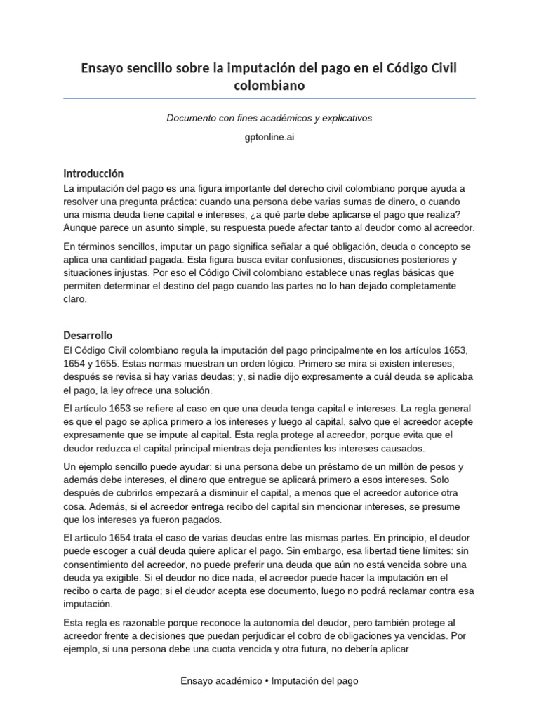 Ensayo Imputacion Pago Codigo Civil Colombiano | PDF | Pagos | Interés
