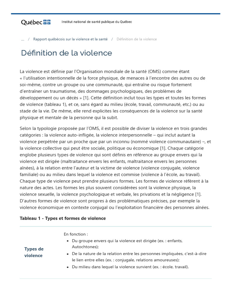 Définition de La Violence - Institut National de Santé Publique Du ...