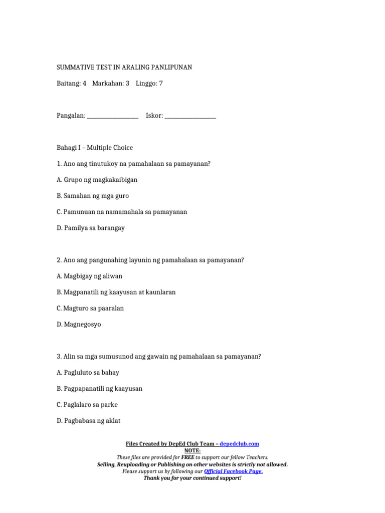 Summ - Test Araling Panlipunan Grade 4 q3 w7 | PDF