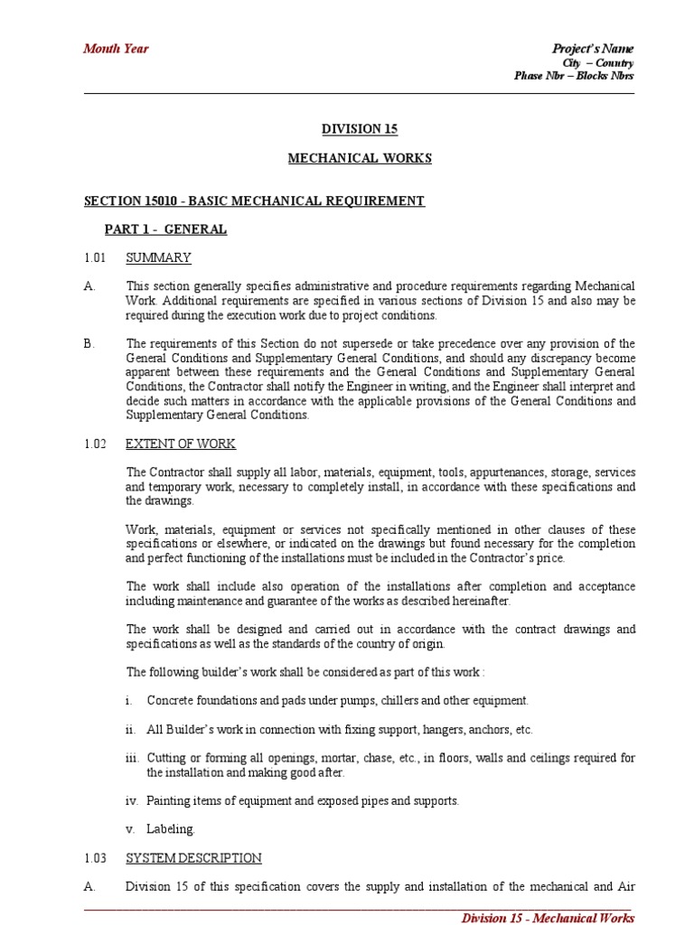 Division 15 Mechanical Works Overview | PDF | Cable | Electrical Wiring