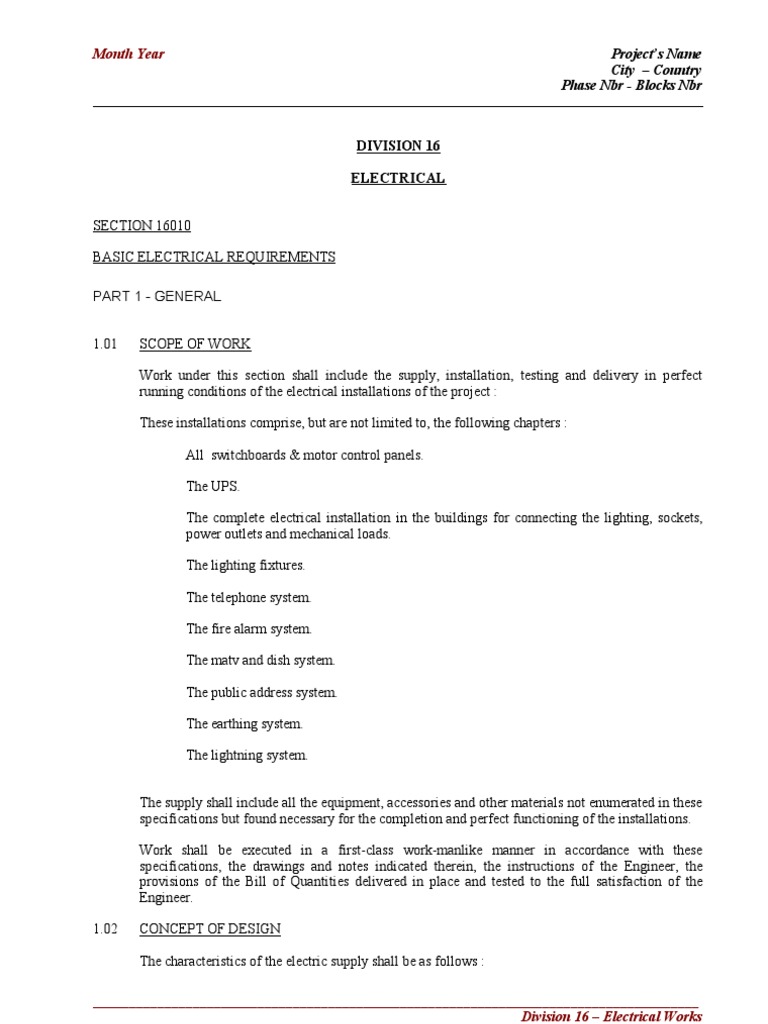 Division 16 Electrical Specifications | PDF | Electrical Wiring | Cable