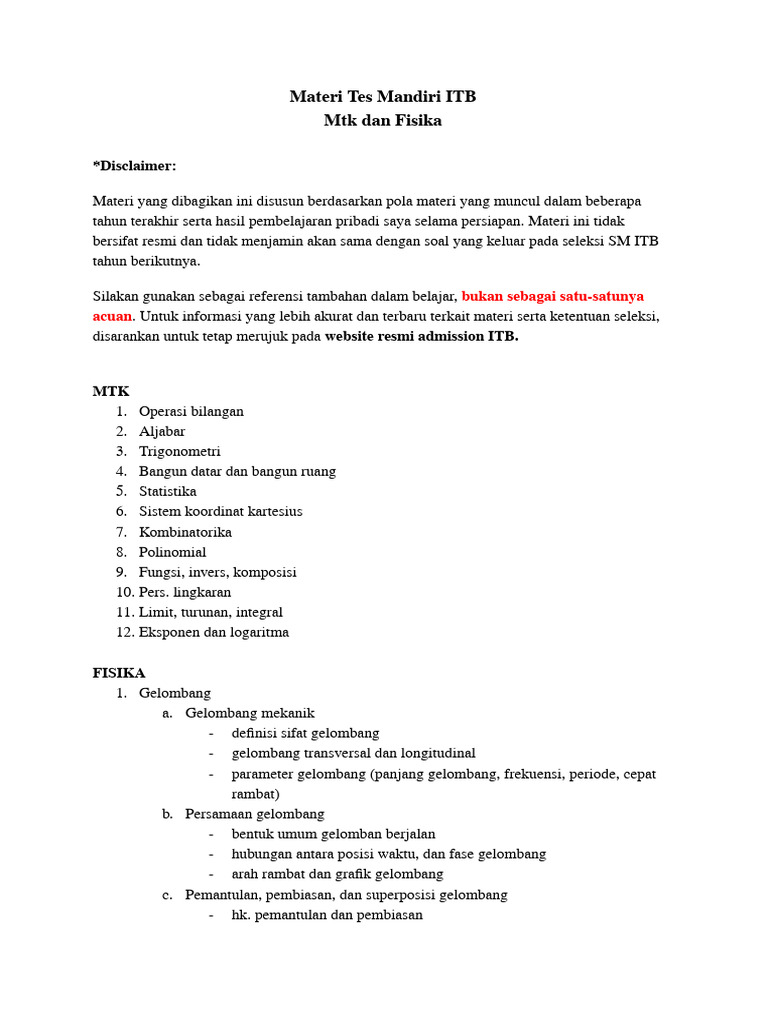 Materi Tes Mandiri ITB (SSU ITB Tes) | PDF