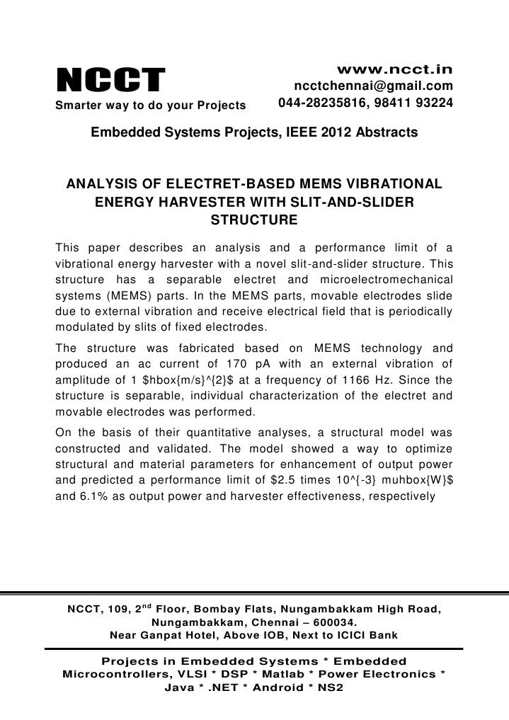 Embedded System Project Abstracts, IEEE 2012 - Analysis of Electret-Based MEMS Vibrational ...