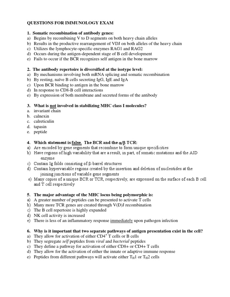 Sample Questions For Immunology Exam | PDF