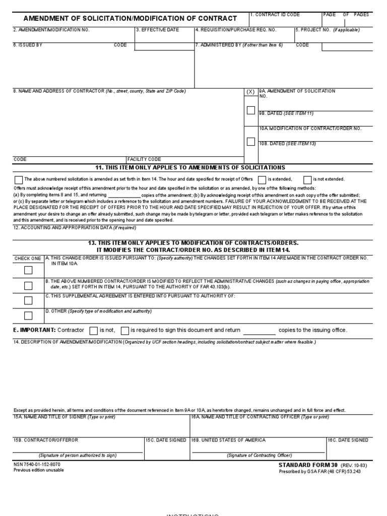 SF 30 Amendment of Solicitation Modification of Contract | PDF ...