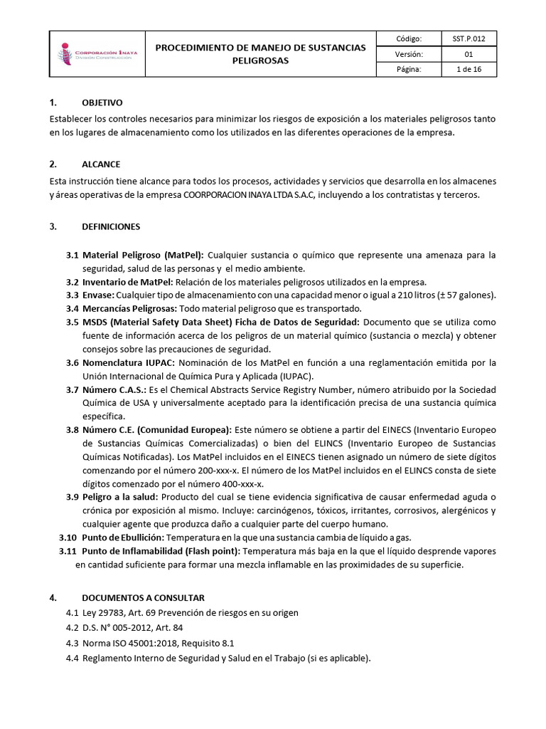 7.1 SST.P.019 Procedimiento de Manejo Sustancias Peligrosas | PDF ...
