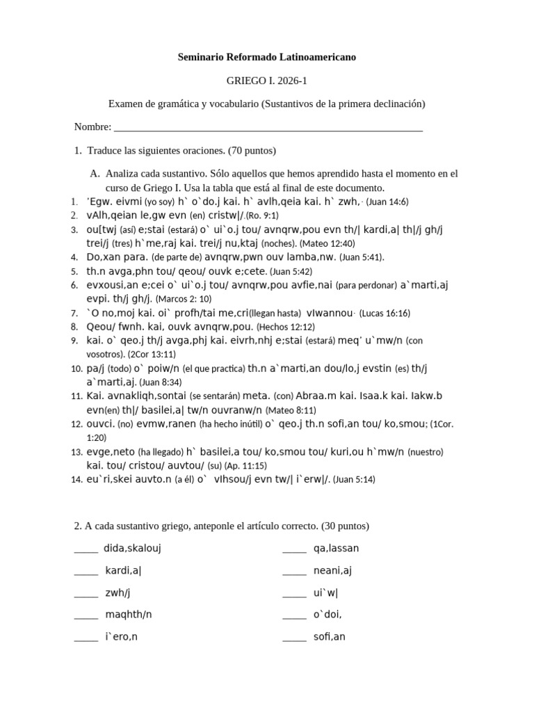 Examen de de Gramática y Vocabulario Griego I. 20206-1 | PDF ...