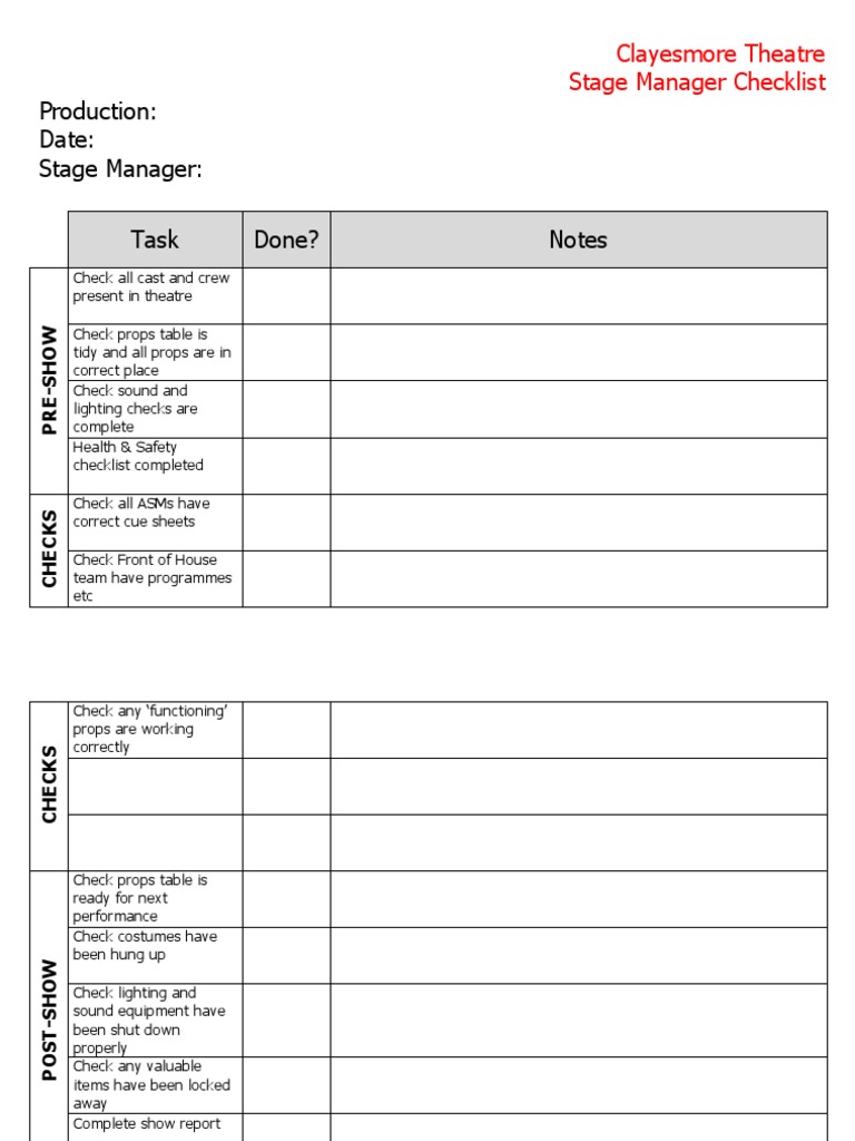 Stage Manager Checklist | PDF