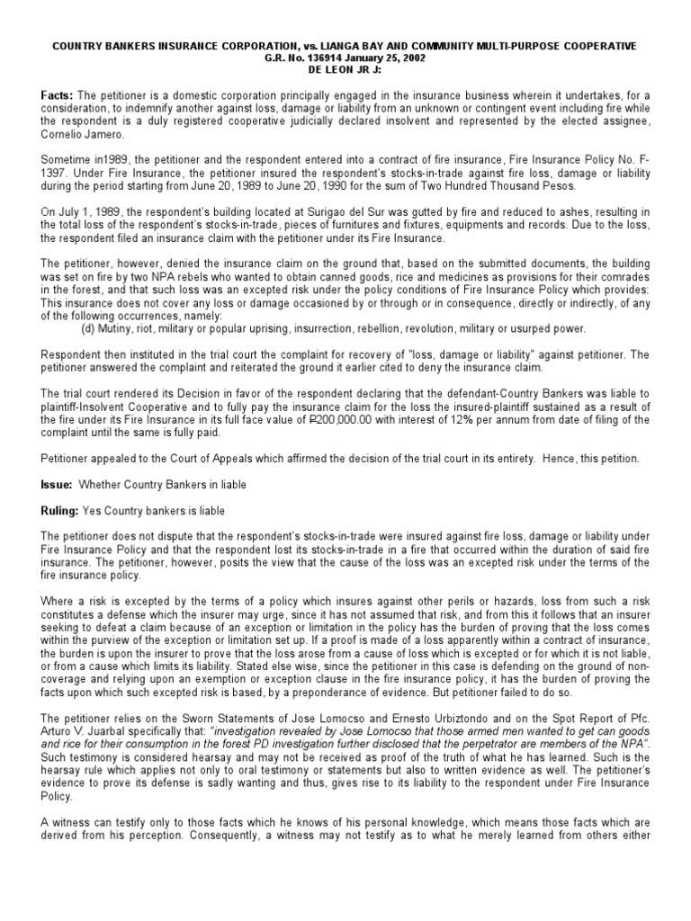 Country Bankers Insurance Liability Case | PDF | Hearsay | Burden Of ...