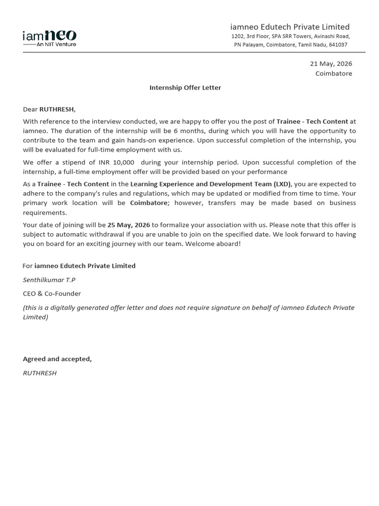 Ruthresh A_offer Letter | PDF