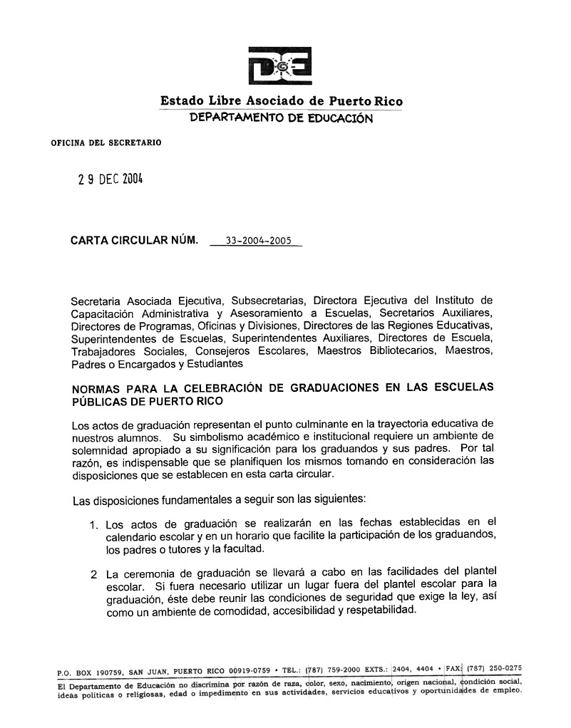 Carta Circular #33-2004-2005: Normas para La Celebracion de ...