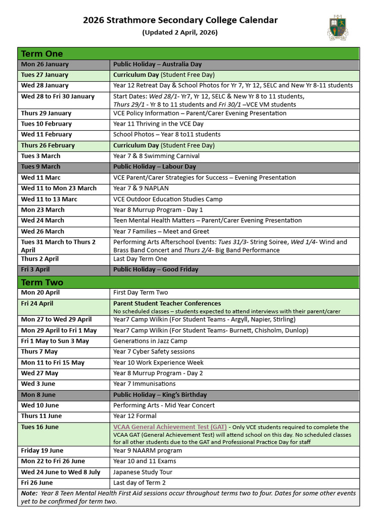 2026 Strathmore Secondary College Calendar (Updated 2 April 2026) | PDF ...