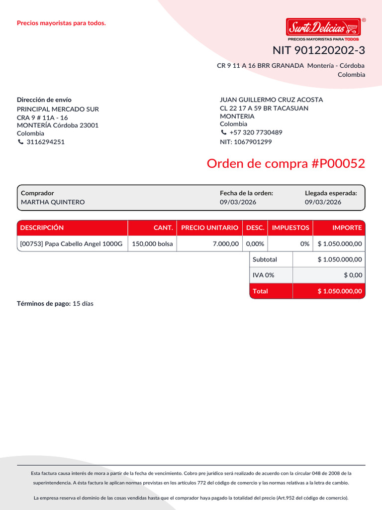 Orden de Compra - P00052 | PDF | Factura | Economias