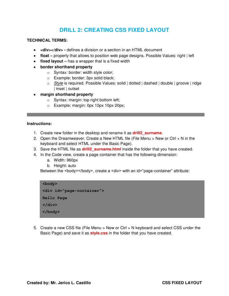 DRILL2 - Instructions CSS Fixed Layout | PDF | Cascading Style Sheets | Html