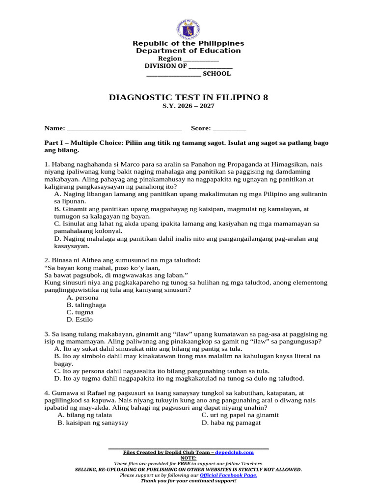 DTC - DIAG - TEST FILIPINO 8 Three Term | PDF