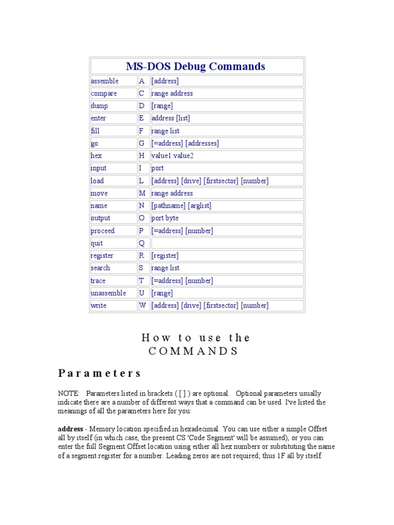 Dos Debug Commands | Download Free PDF | Instruction Set | Computer Data Storage