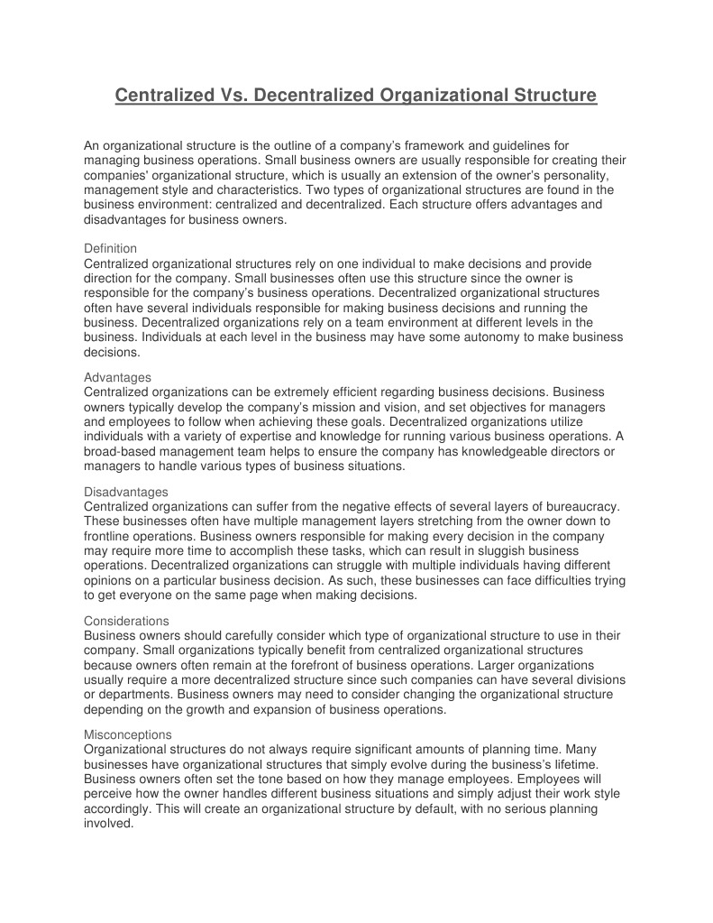 Centralized Vs Decentralized Organizational Structure Imp Pdf