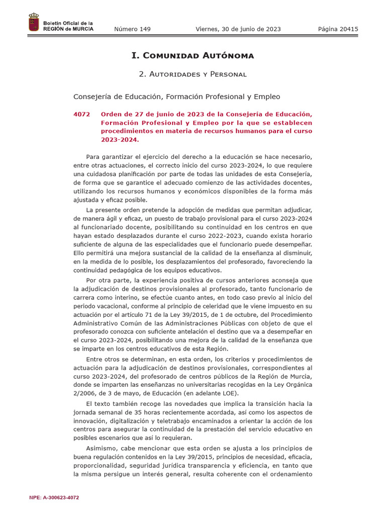 Orden 23 de Julio de 2023 | PDF | Maestros | Educación de la primera ...