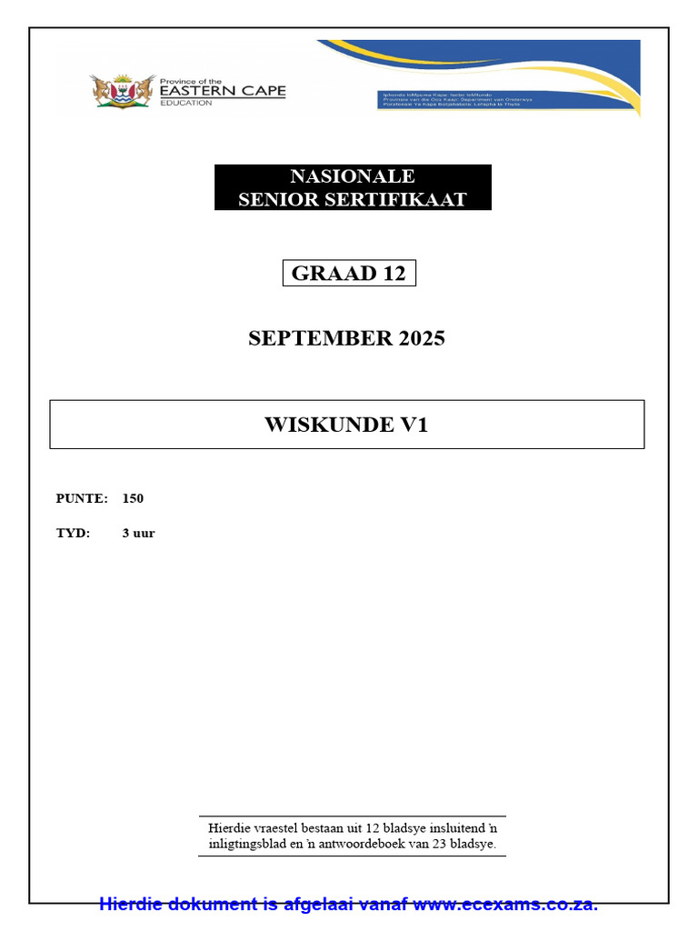 MATHS P1 QP GR12 SEPT 2025 - Afrikaans - Watermark | PDF