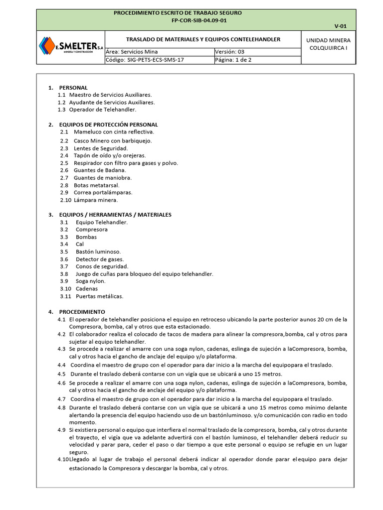 Sig-Pets-Ecs-Sms-17 Traslado de Materiales y Equipos Con Telehandler ...