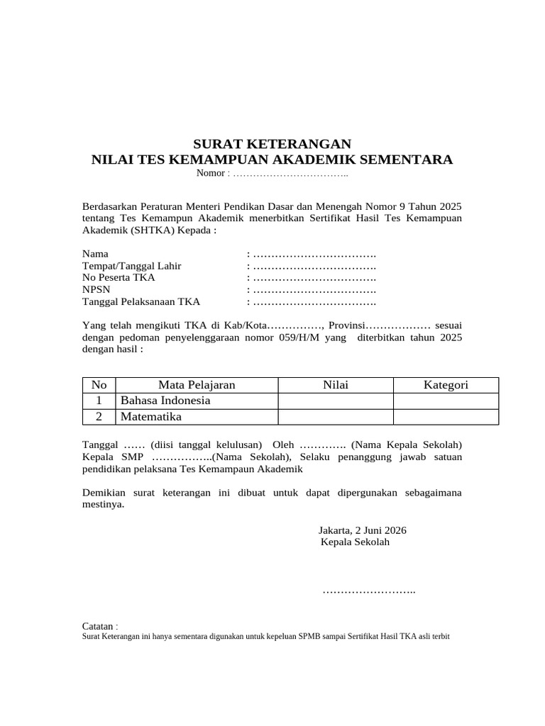 Contoh Surat Keterangan Sementara Hasil Tka Siswa - Versi Kementrian | PDF