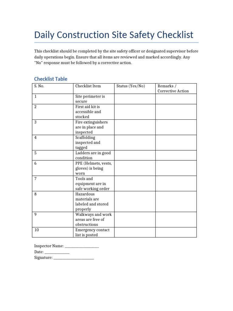 Improved Daily Construction Site Safety Checklist-1 | PDF